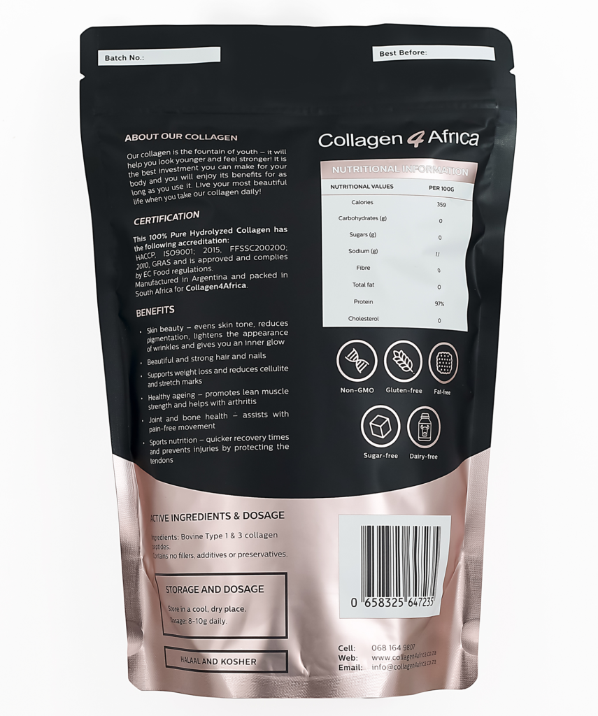 1Kg Pure Hydrolysed Bovine Collagen Pouches | Collagen4Africa